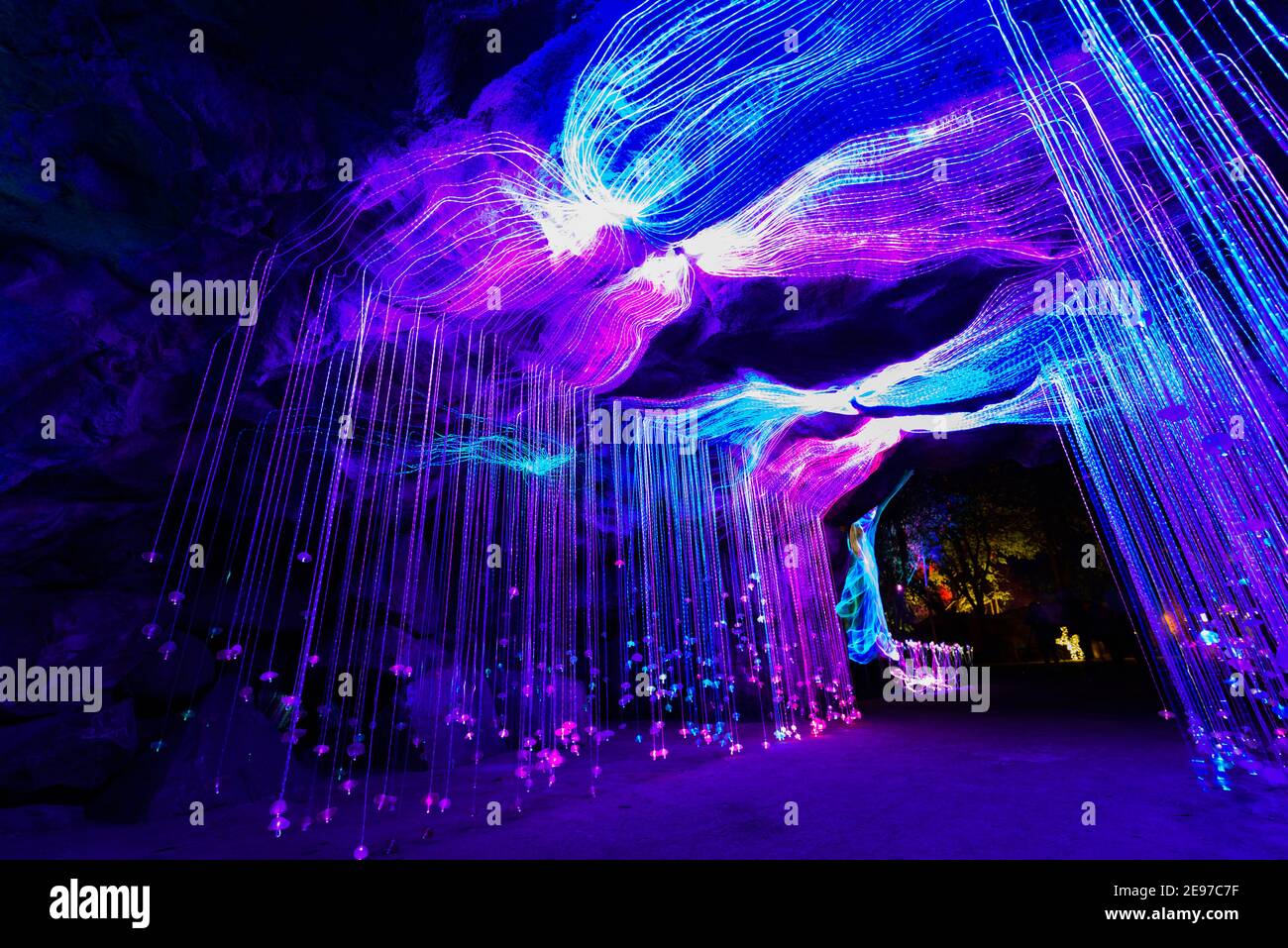 Lighting decorate on the cave like waterfall shape in lighting festival ...