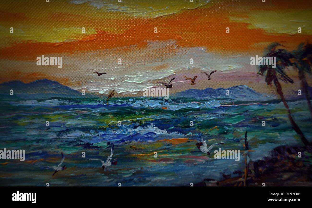 Art ,oil painting ,background ,wave, sea , windy seashore , coast ...