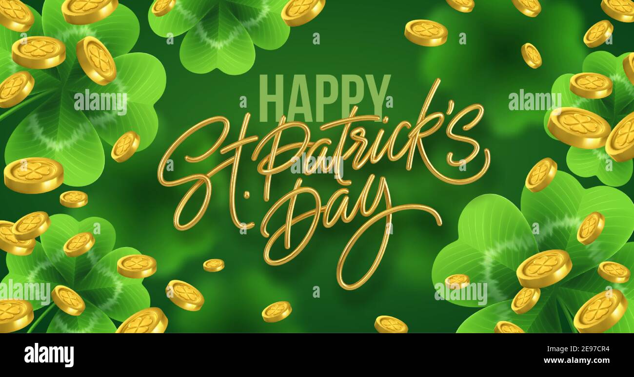 Golden realistic lettering Happy St. Patricks Day with realistic clover ...