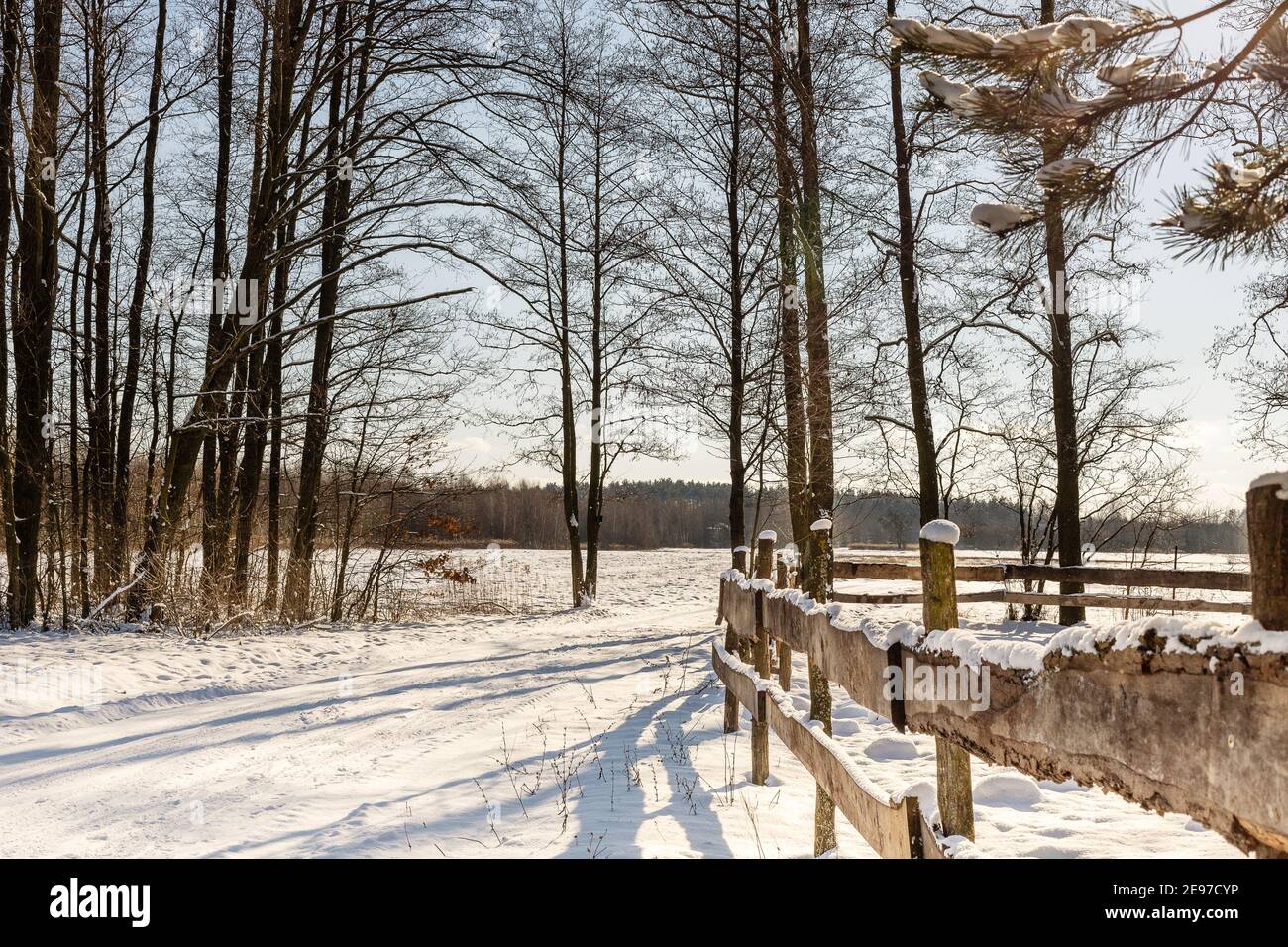 Winter snow scene with farm gate and trees hi-res stock photography and ...