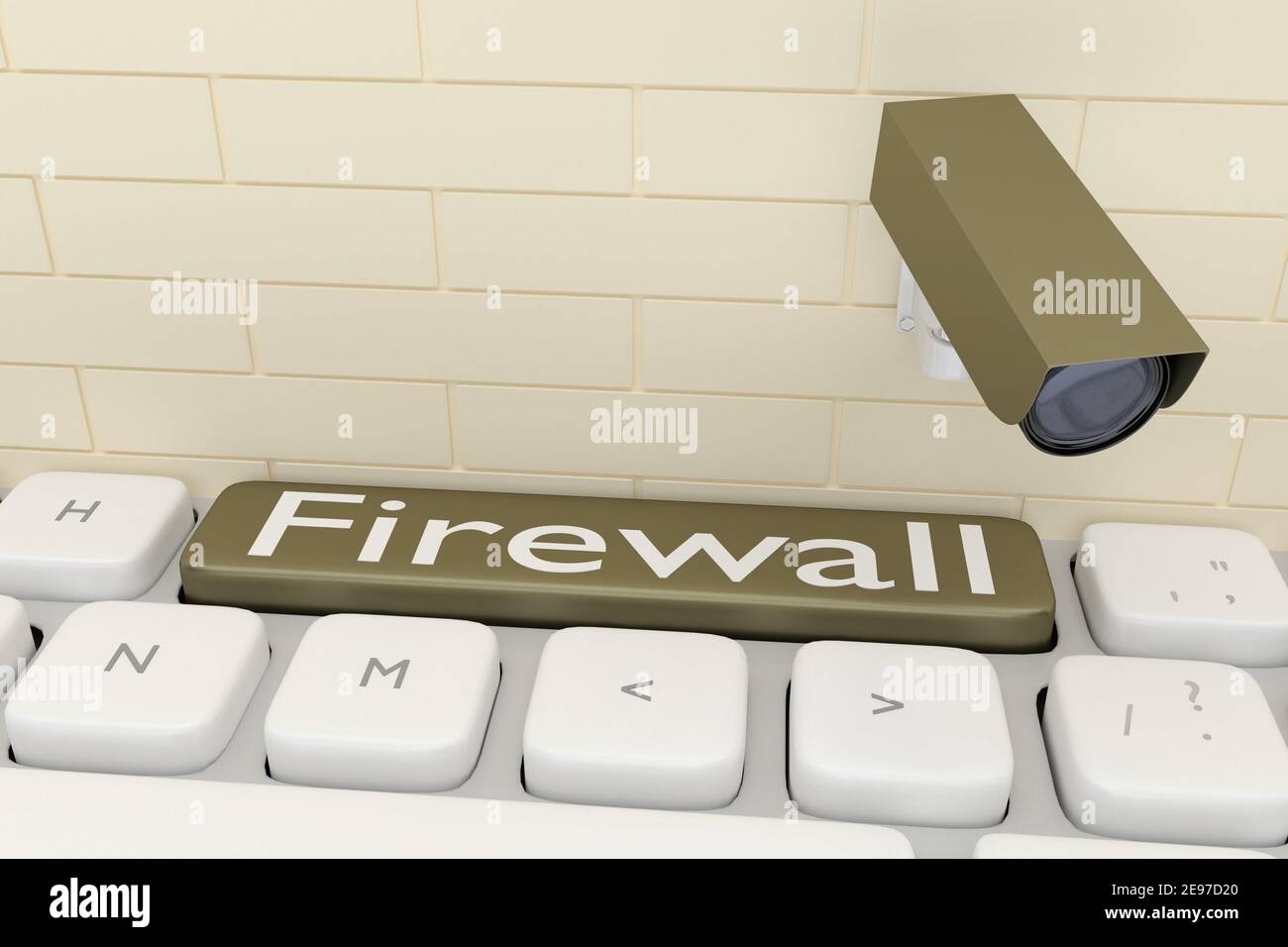 3D illustration of computer keyboard with the script Firewall on a ...