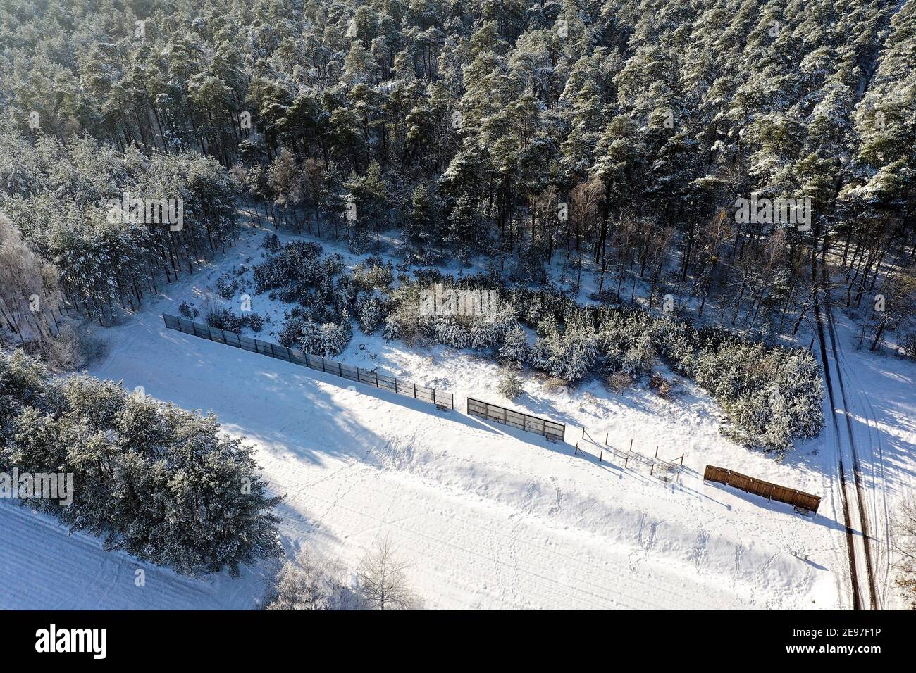 Winter aerial view of former border fortifications between East Germany ...