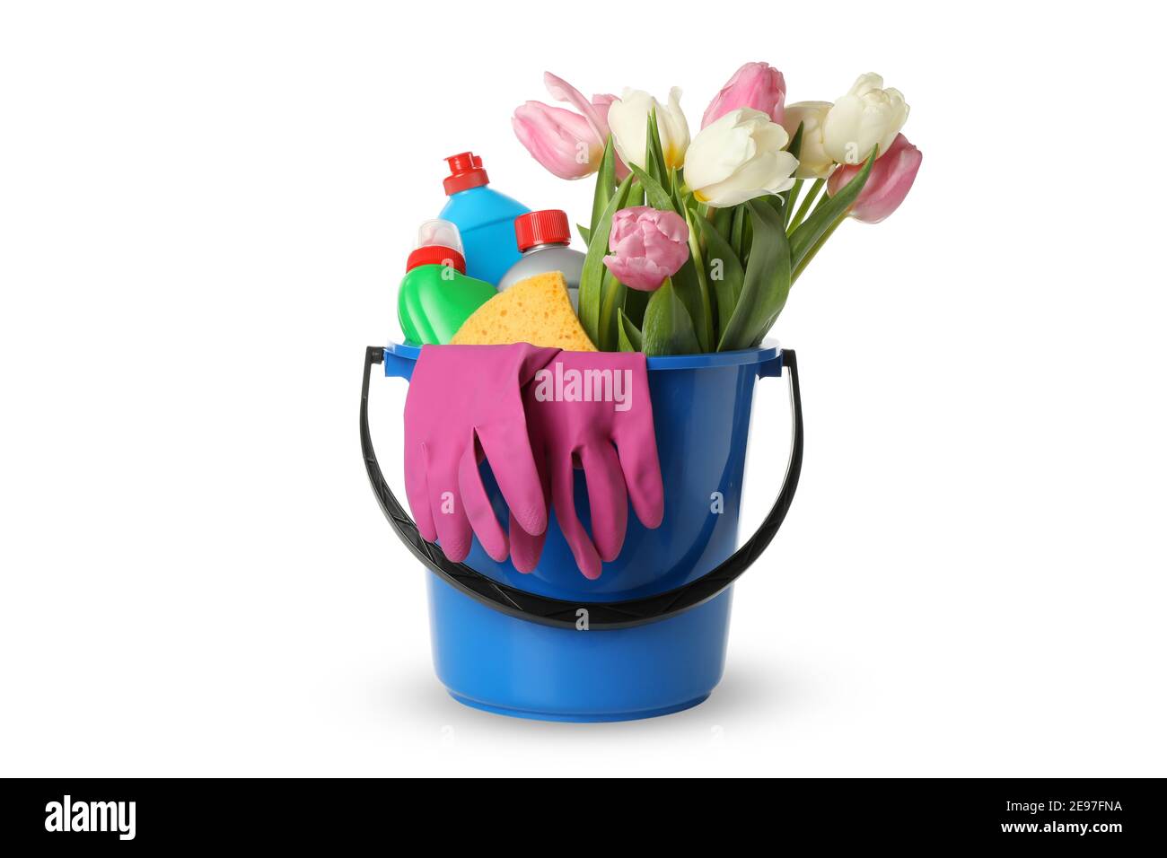 Bucket with cleaning tools and tulips isolated on white background ...