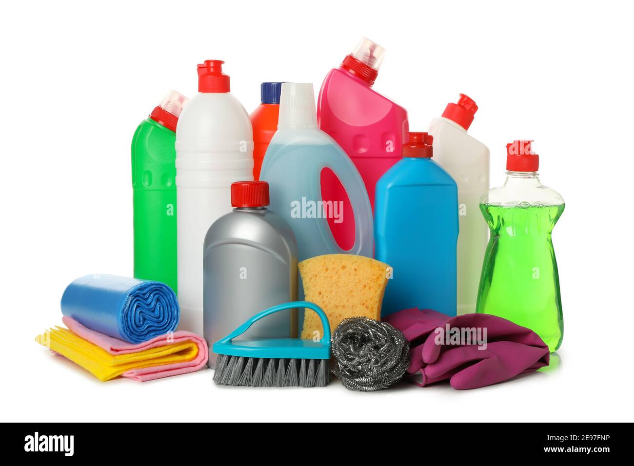 Group of cleaning tools isolated on white background Stock Photo - Alamy