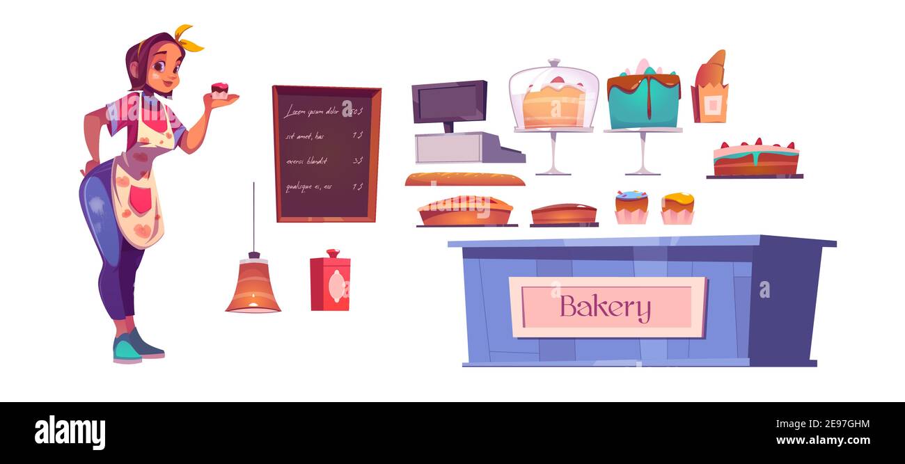 Woman chef and bakery shop interior set with counter, cakes, cashbox ...