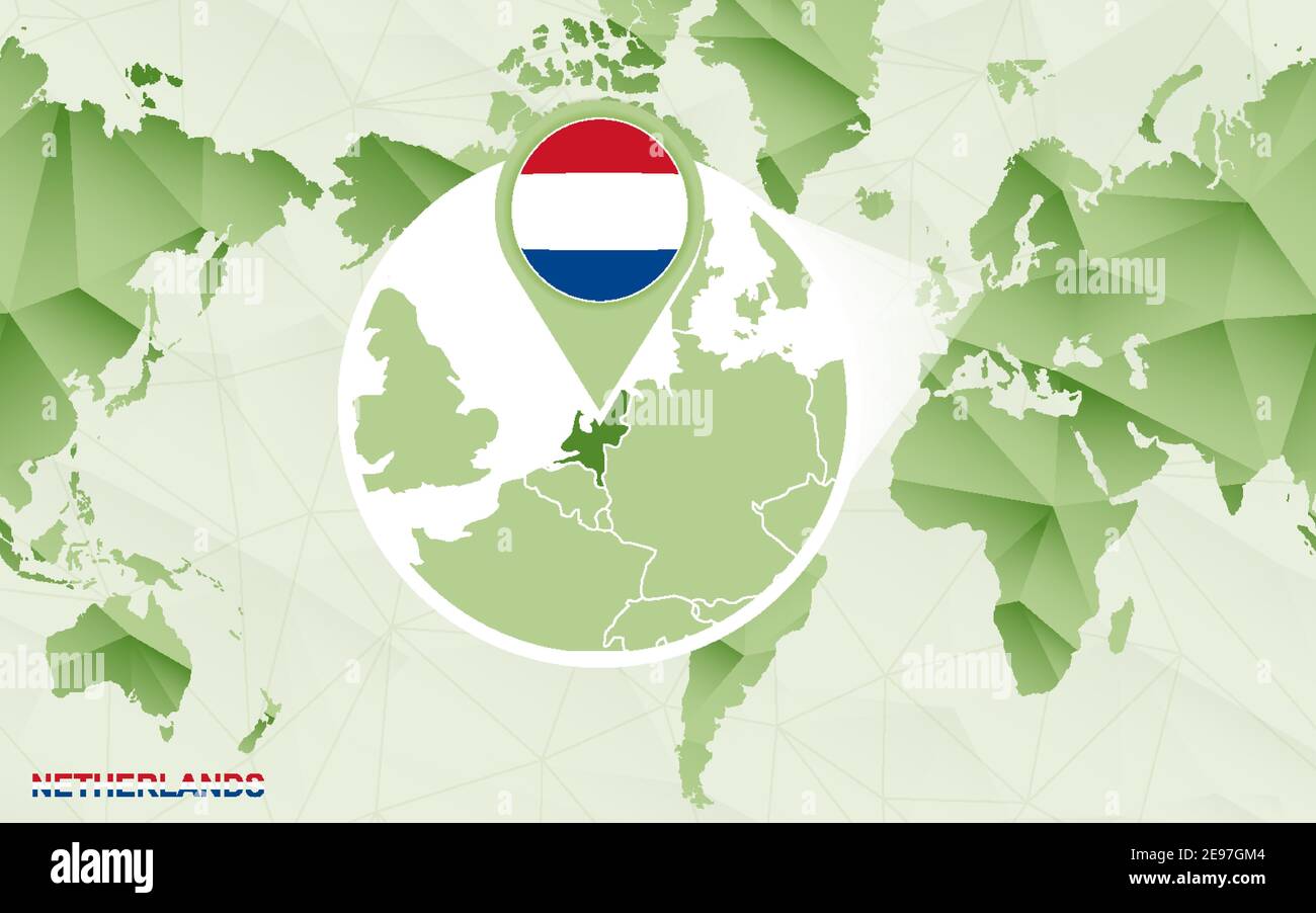 America centric world map with magnified Netherlands map. Green ... America centric world map with magnified Netherlands map. Green ...