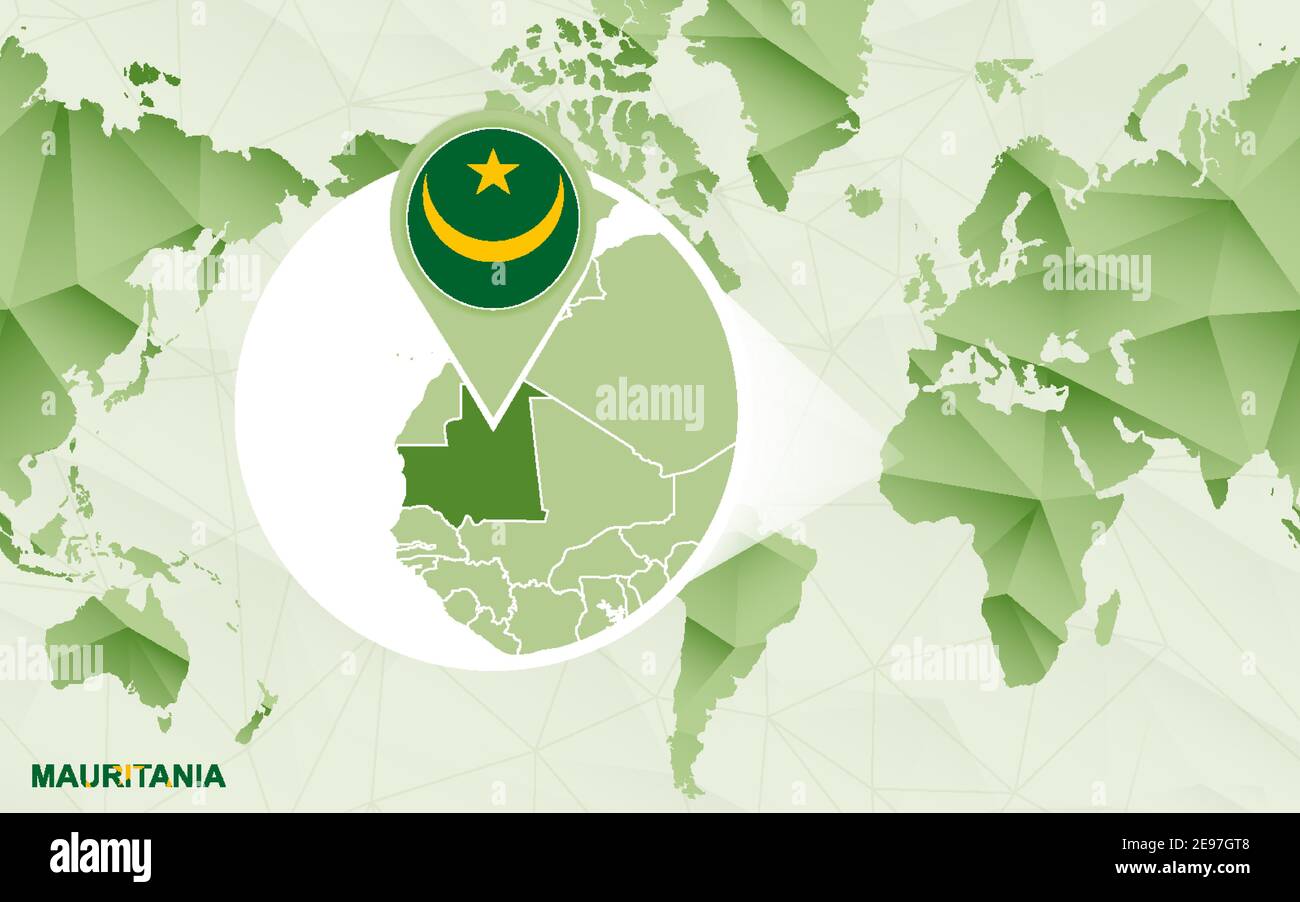 America centric world map with magnified Mauritania map. Green ...