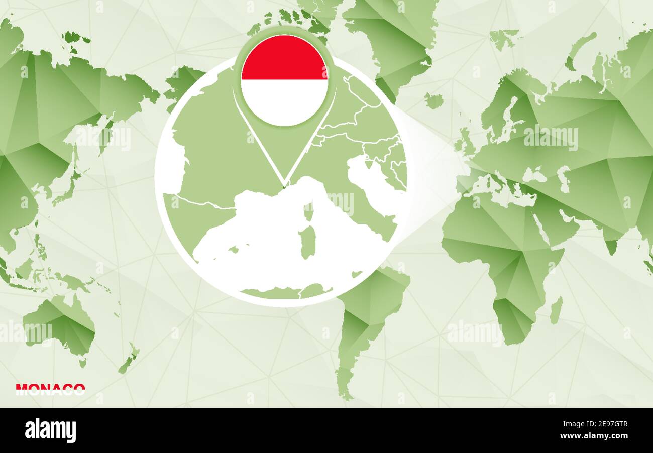 America centric world map with magnified Monaco map. Green polygonal ...