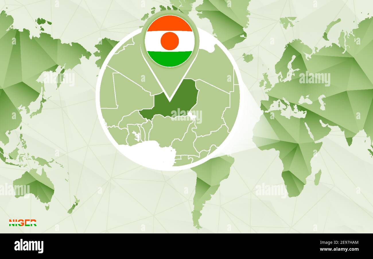 America centric world map with magnified Niger map. Green polygonal ...