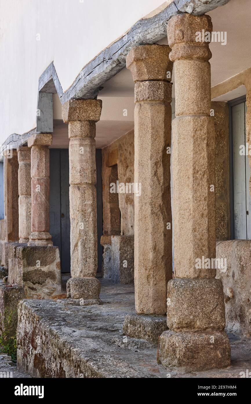 Traditional stone columns and facades in Chantada. Galicia, Spain Stock ...