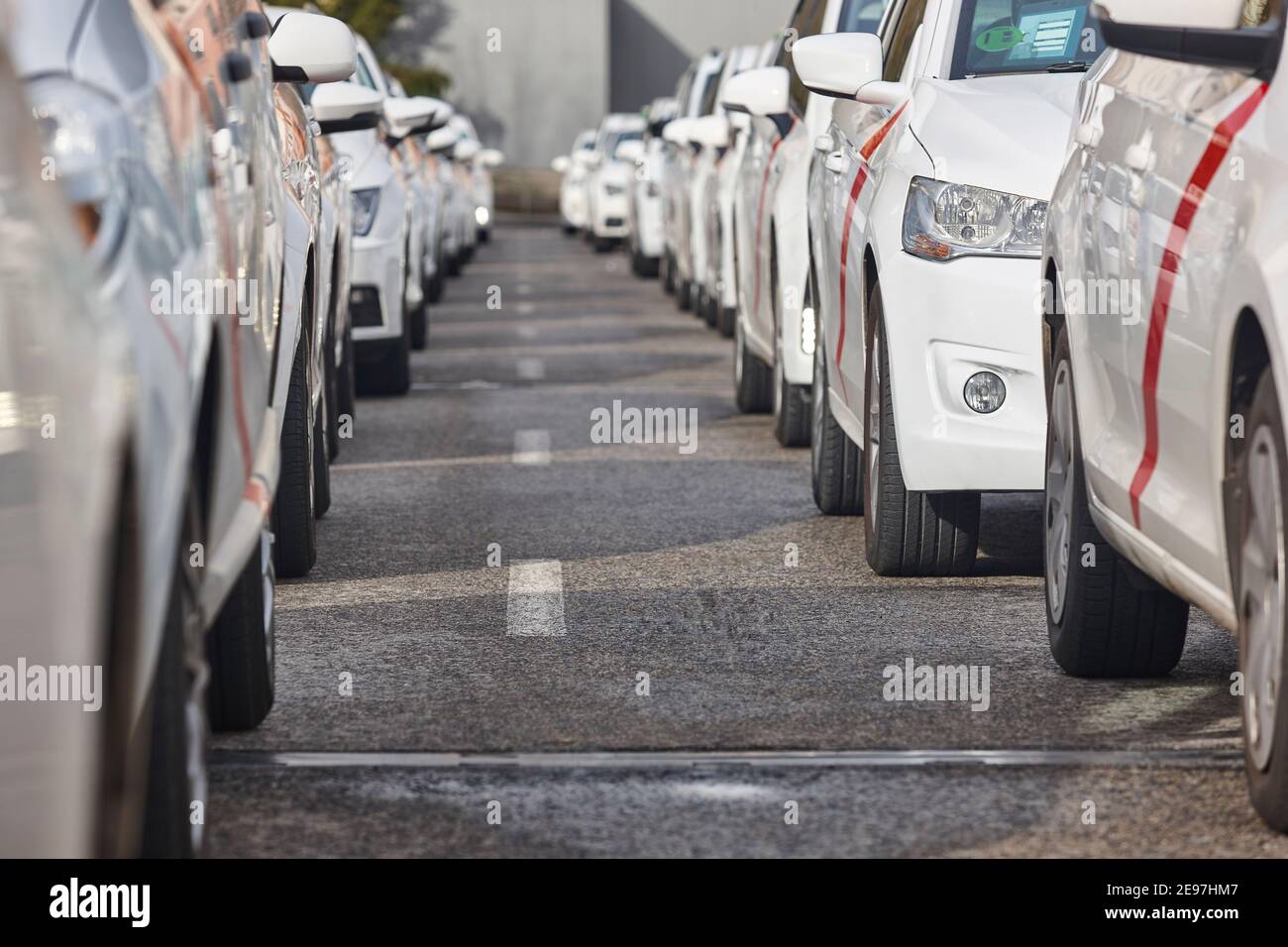 Urban city transportation. Several taxis vehicles in line. Cab stop ...