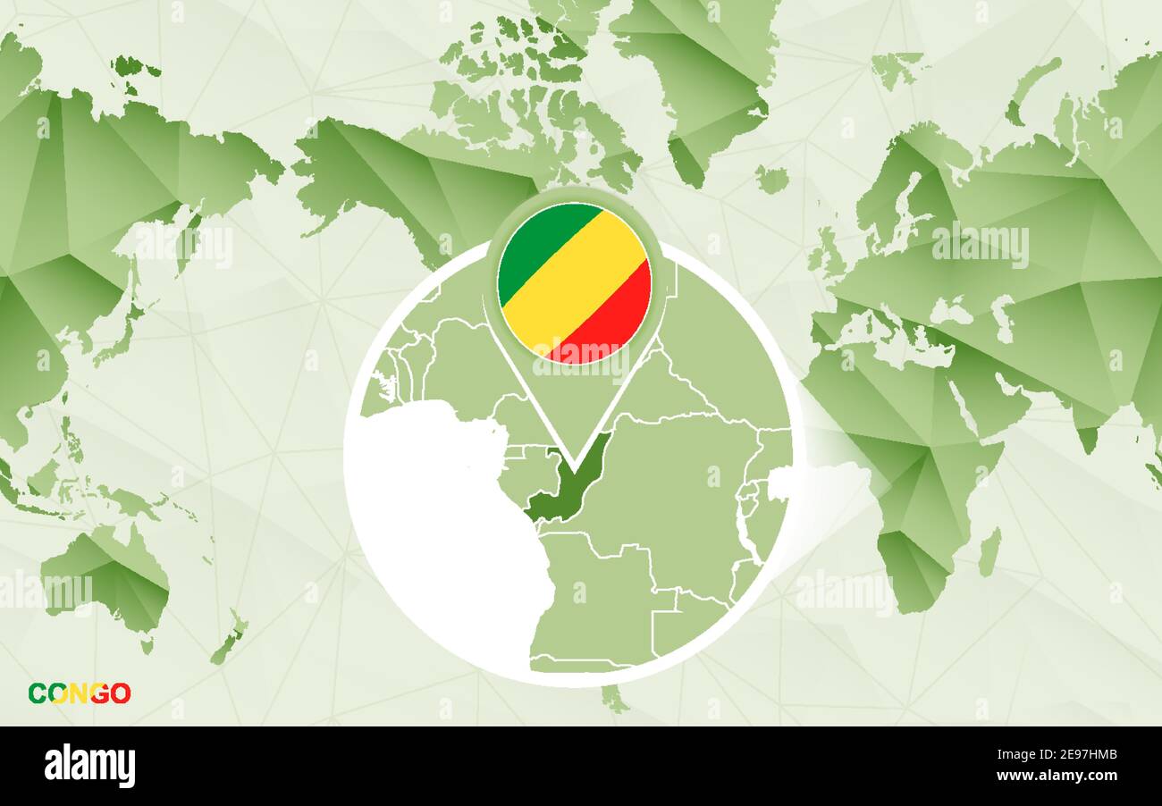 America centric world map with magnified Congo map. Green polygonal ...