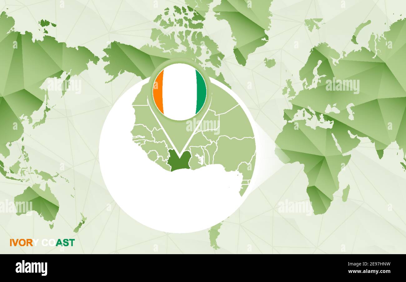 America centric world map with magnified Ivory coast map. Green polygonal world map Stock Vector ...
