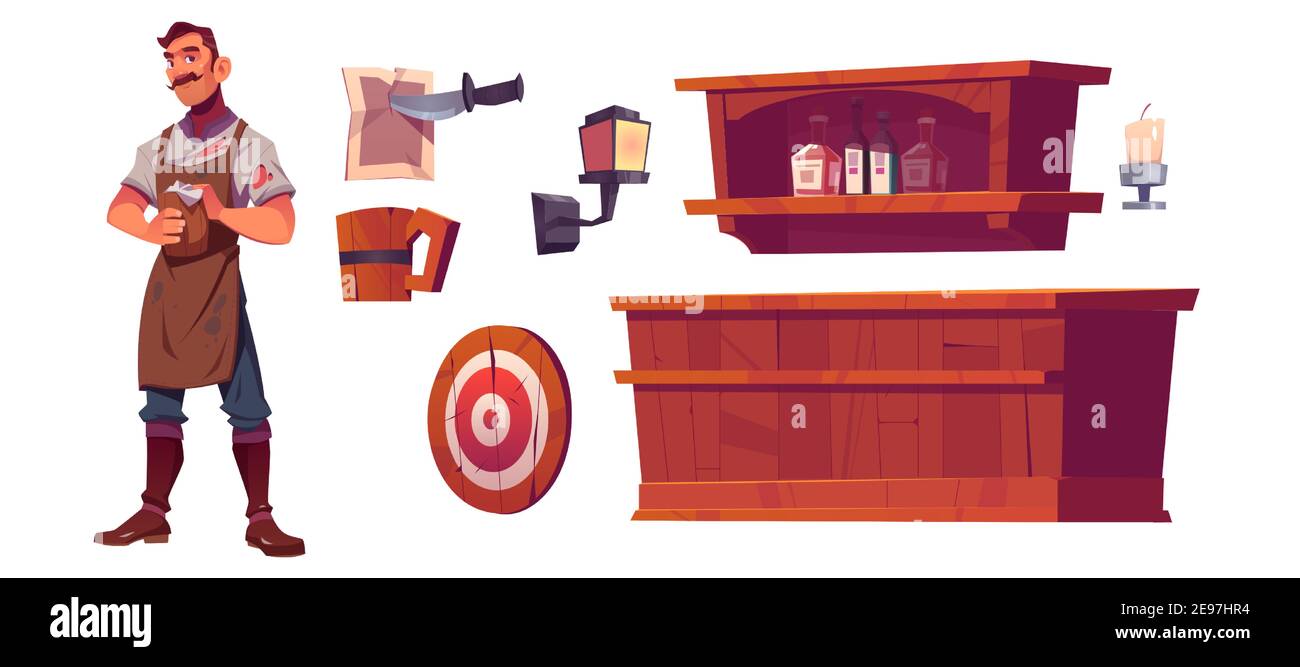 Bartender and old tavern interior with wooden bar counter, shelf with ...