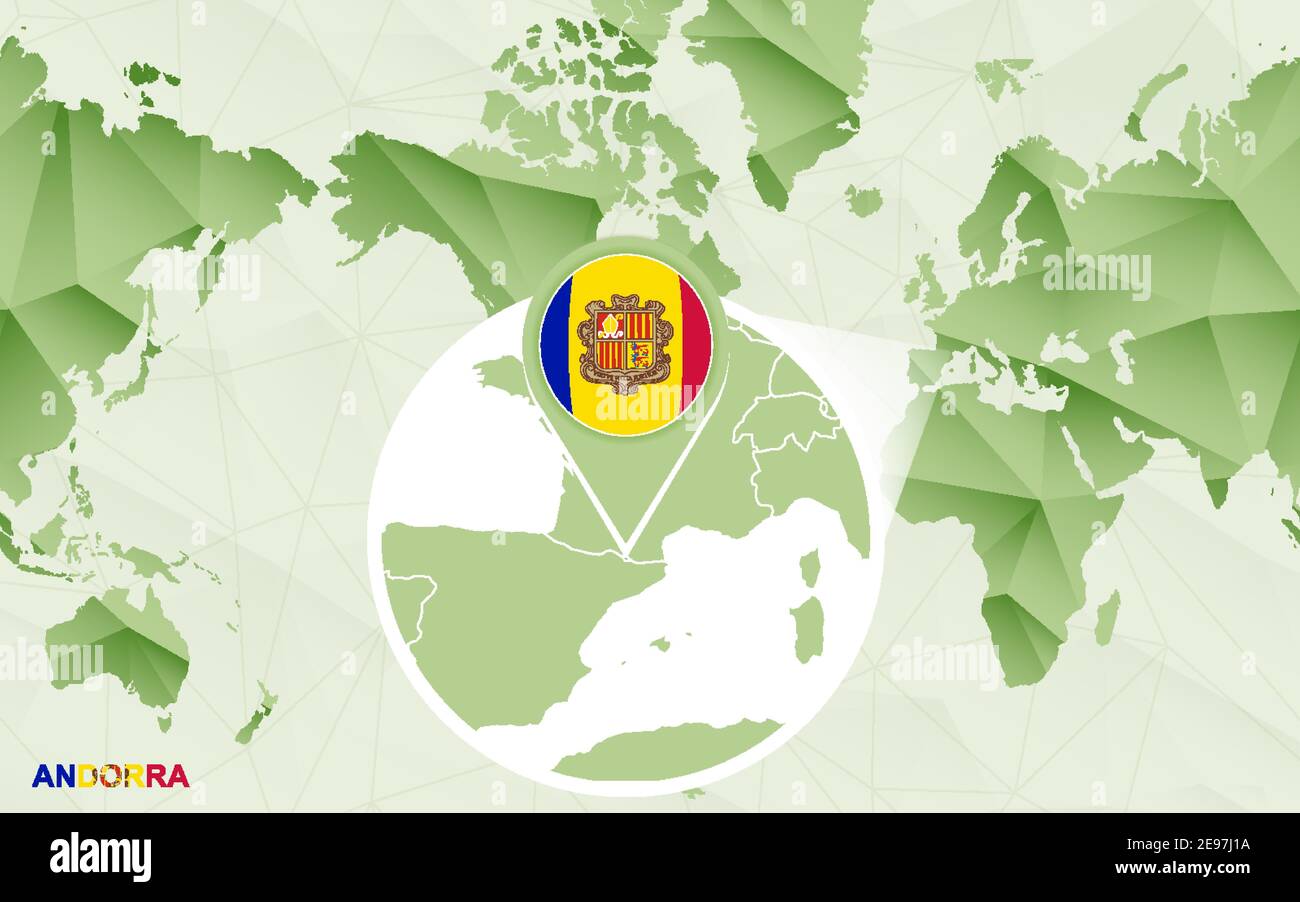 America centric world map with magnified Andorra map. Green polygonal ...