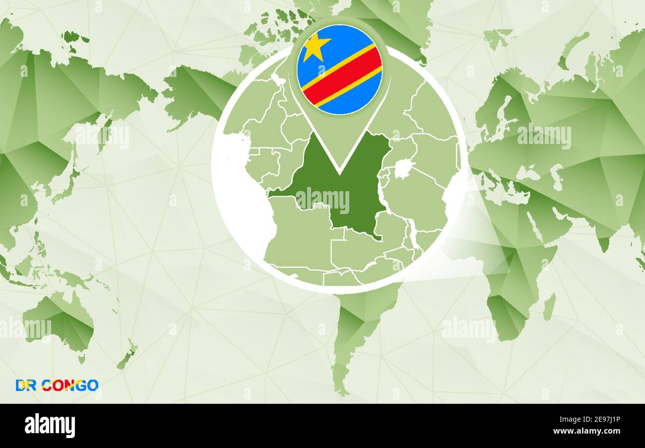 America centric world map with magnified DR Congo map. Green polygonal ...