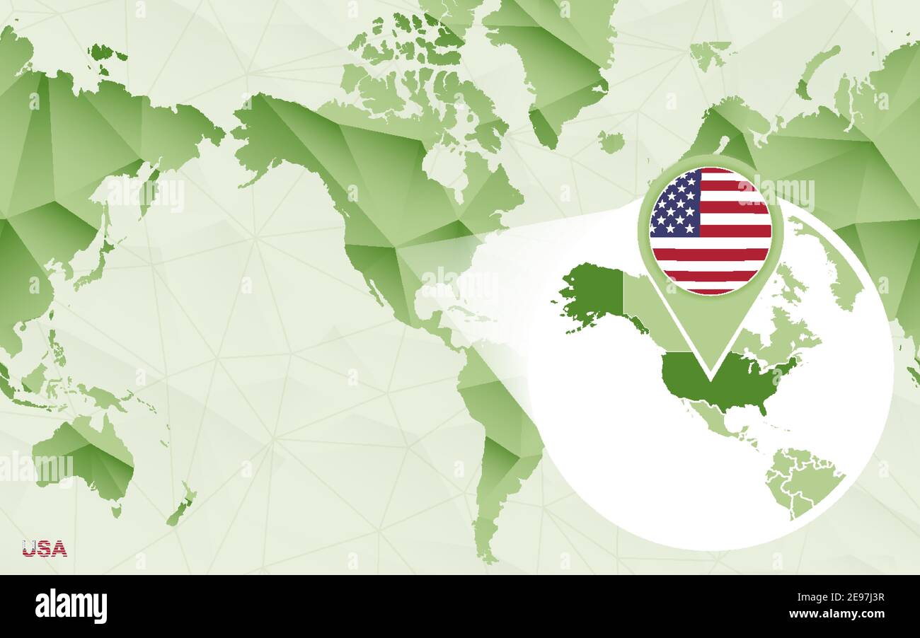 America centric world map with magnified USA map. Green polygonal world ...