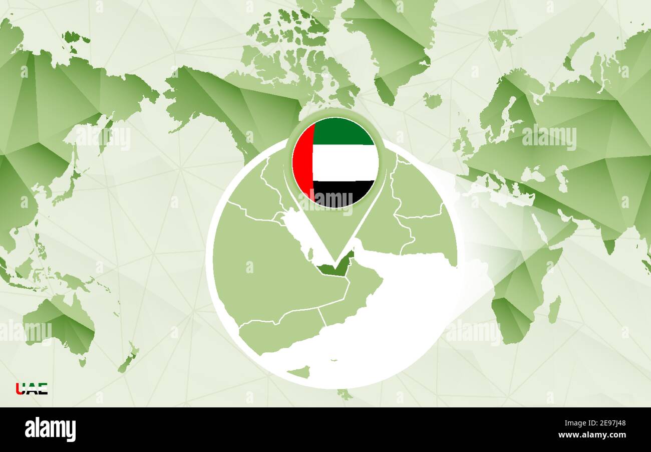America centric world map with magnified United Arab Emirates map ...