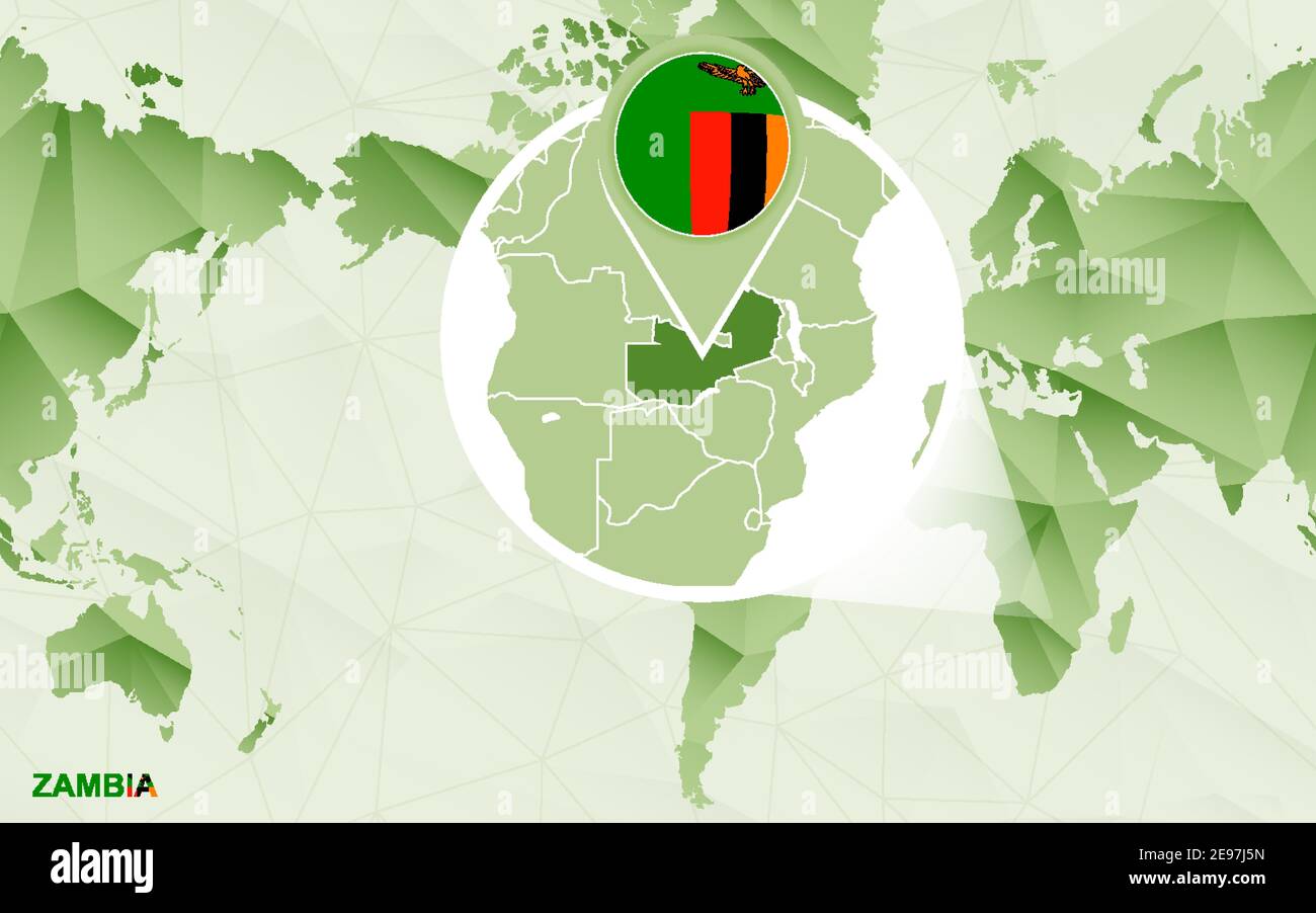 America centric world map with magnified Zambia map. Green polygonal ...