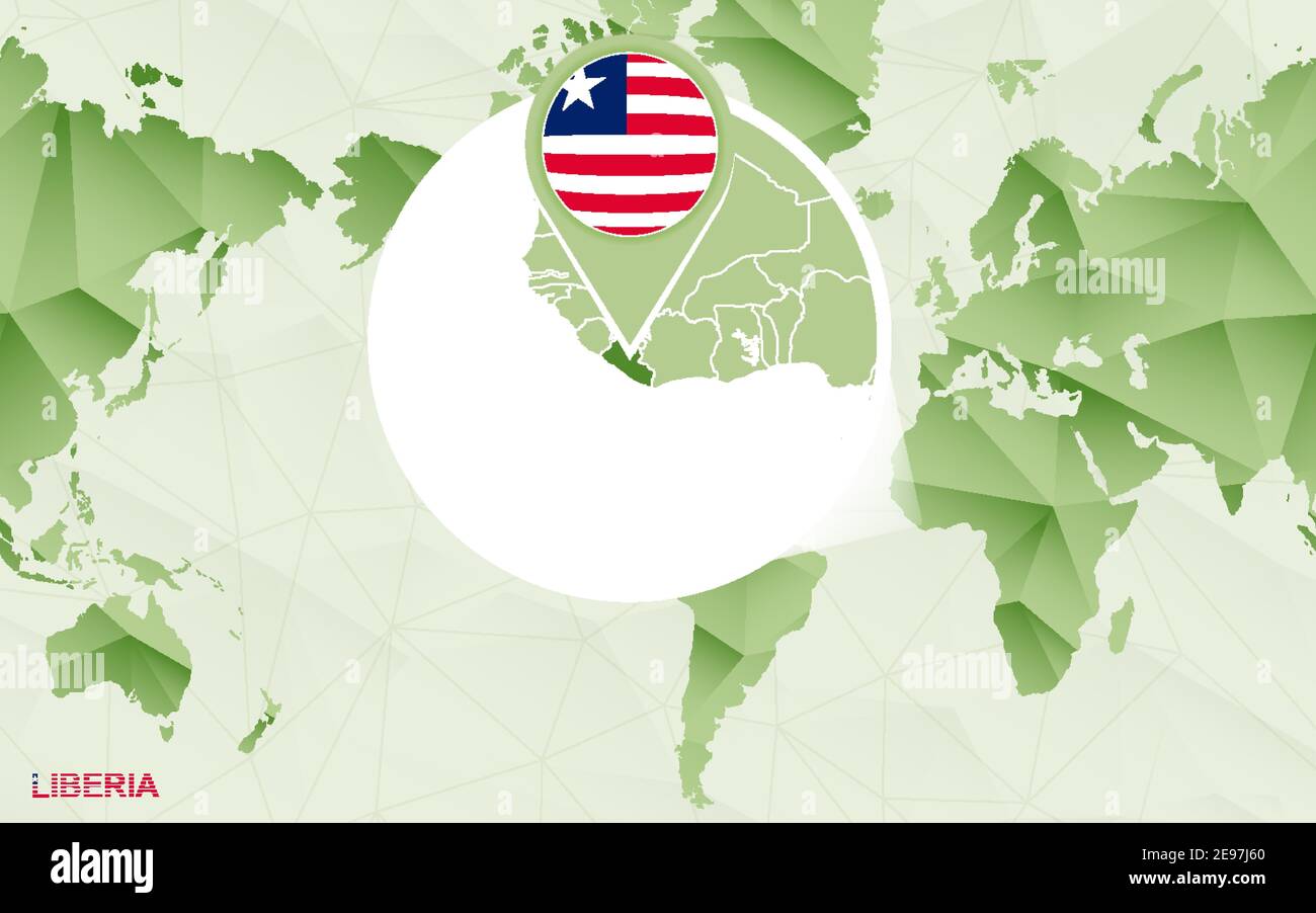 America centric world map with magnified Liberia map. Green polygonal ...