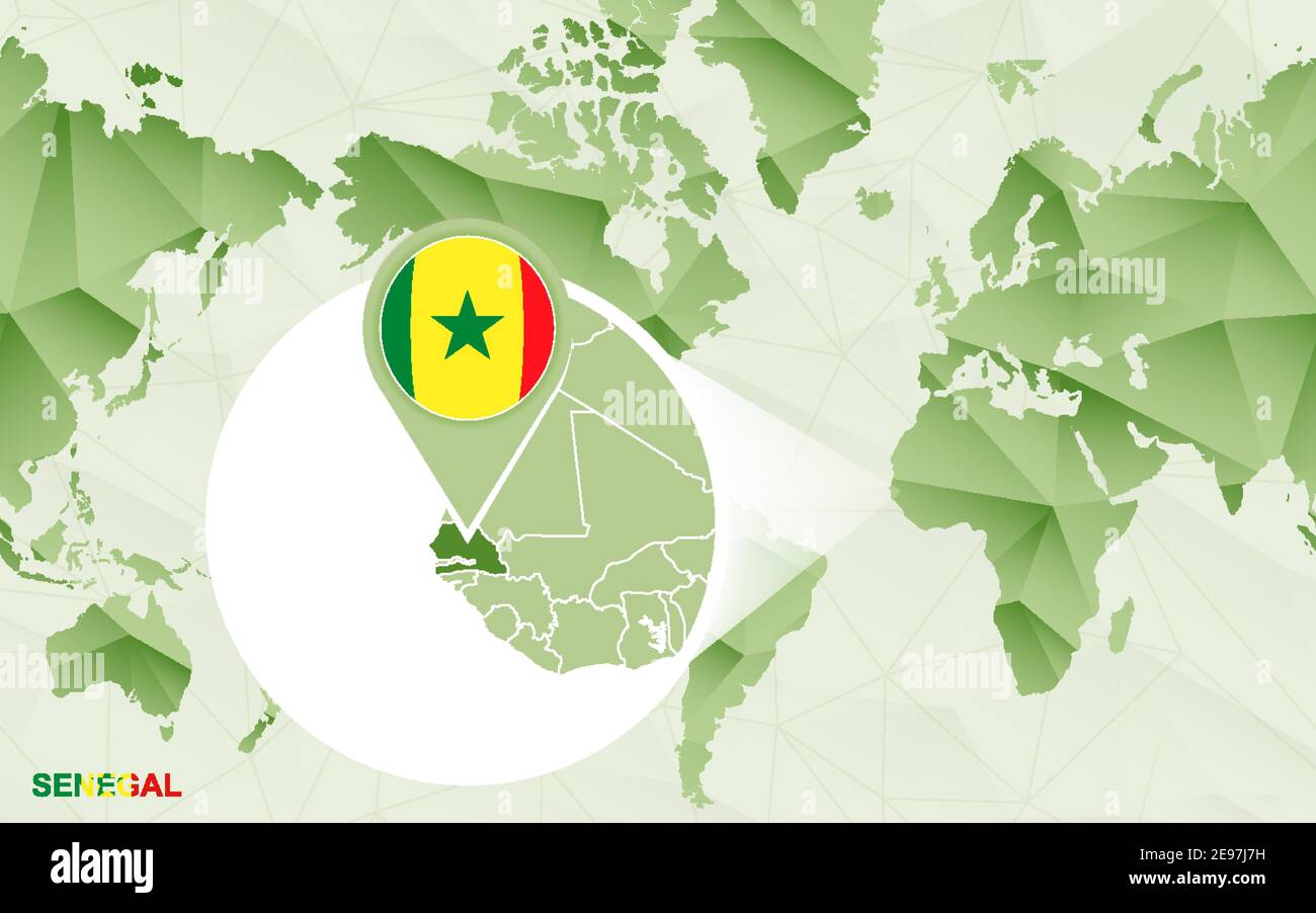 America centric world map with magnified Senegal map. Green polygonal ...