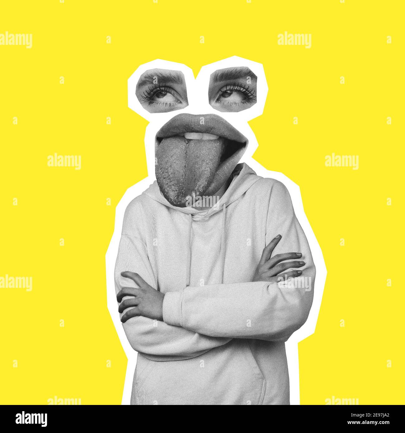 Blah-blah. Bored female face headed body on yellow. Tongue sticking out ...