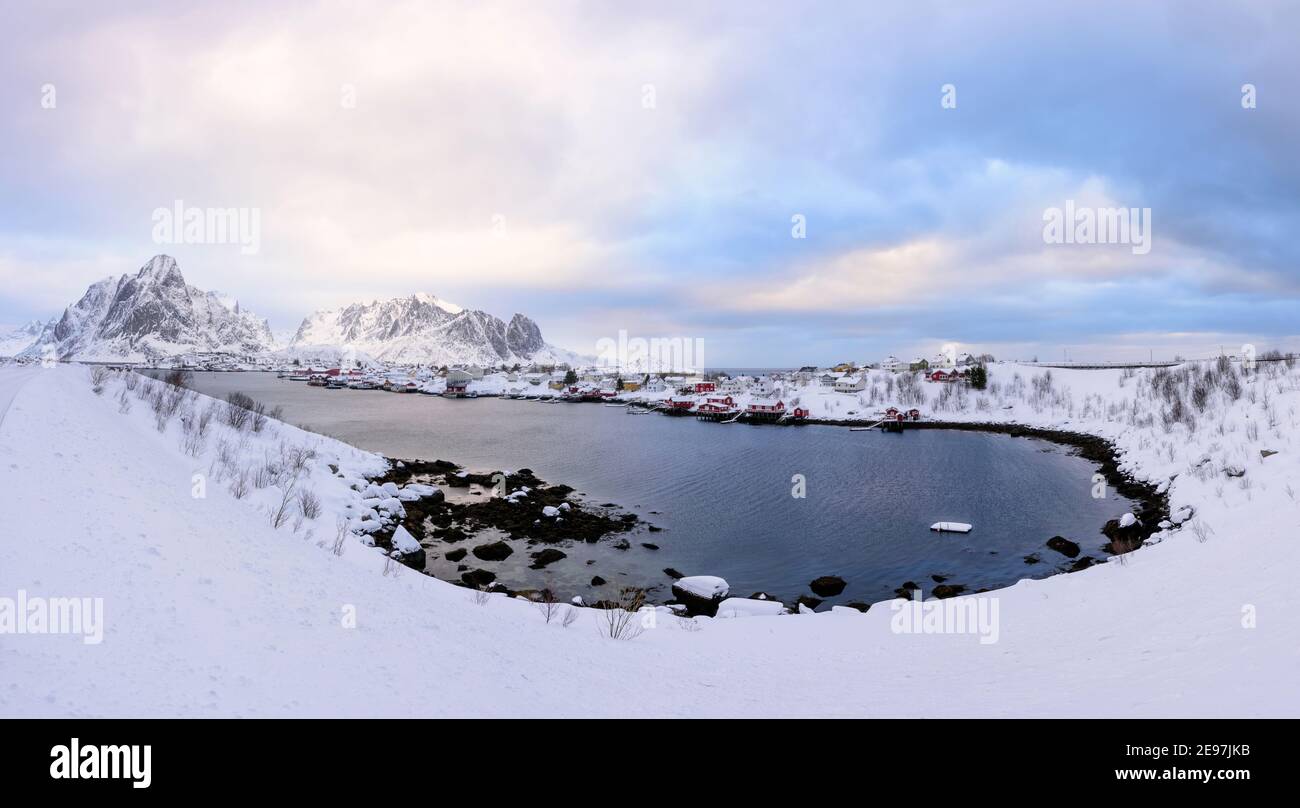 Beautiful village of Reine in Lofoten Islands, Norway. Snow covered ...