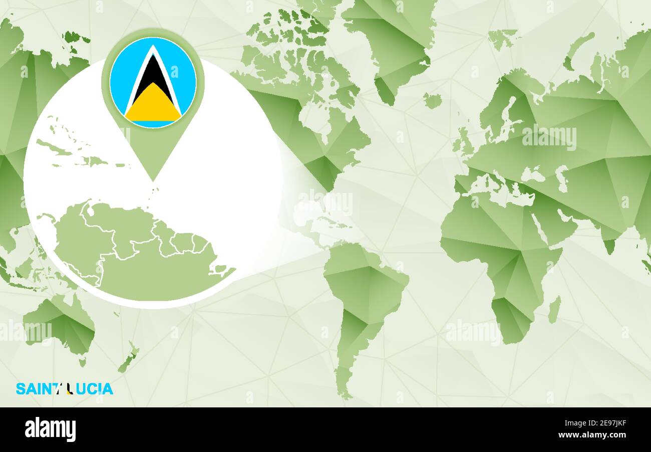 America centric world map with magnified Saint Lucia map. Green ...