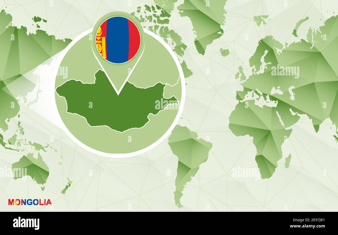 America centric world map with magnified Mongolia map. Green polygonal ...