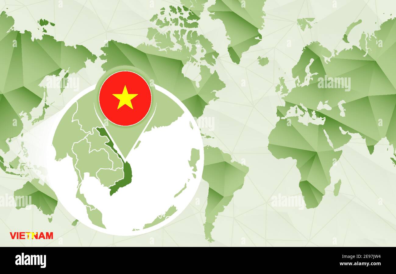 America centric world map with magnified Vietnam map. Green polygonal ...
