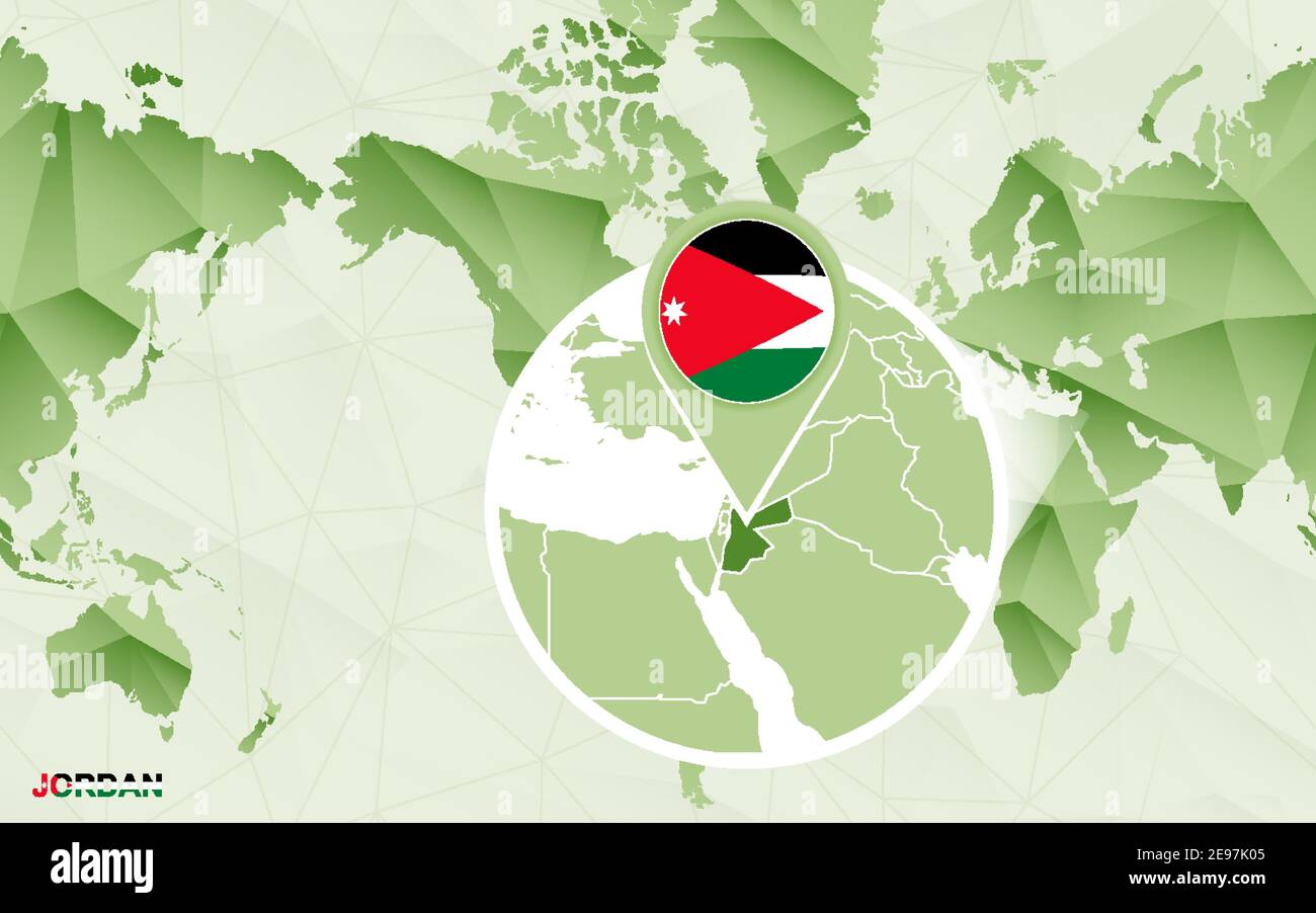 America centric world map with magnified Jordan map. Green polygonal ...