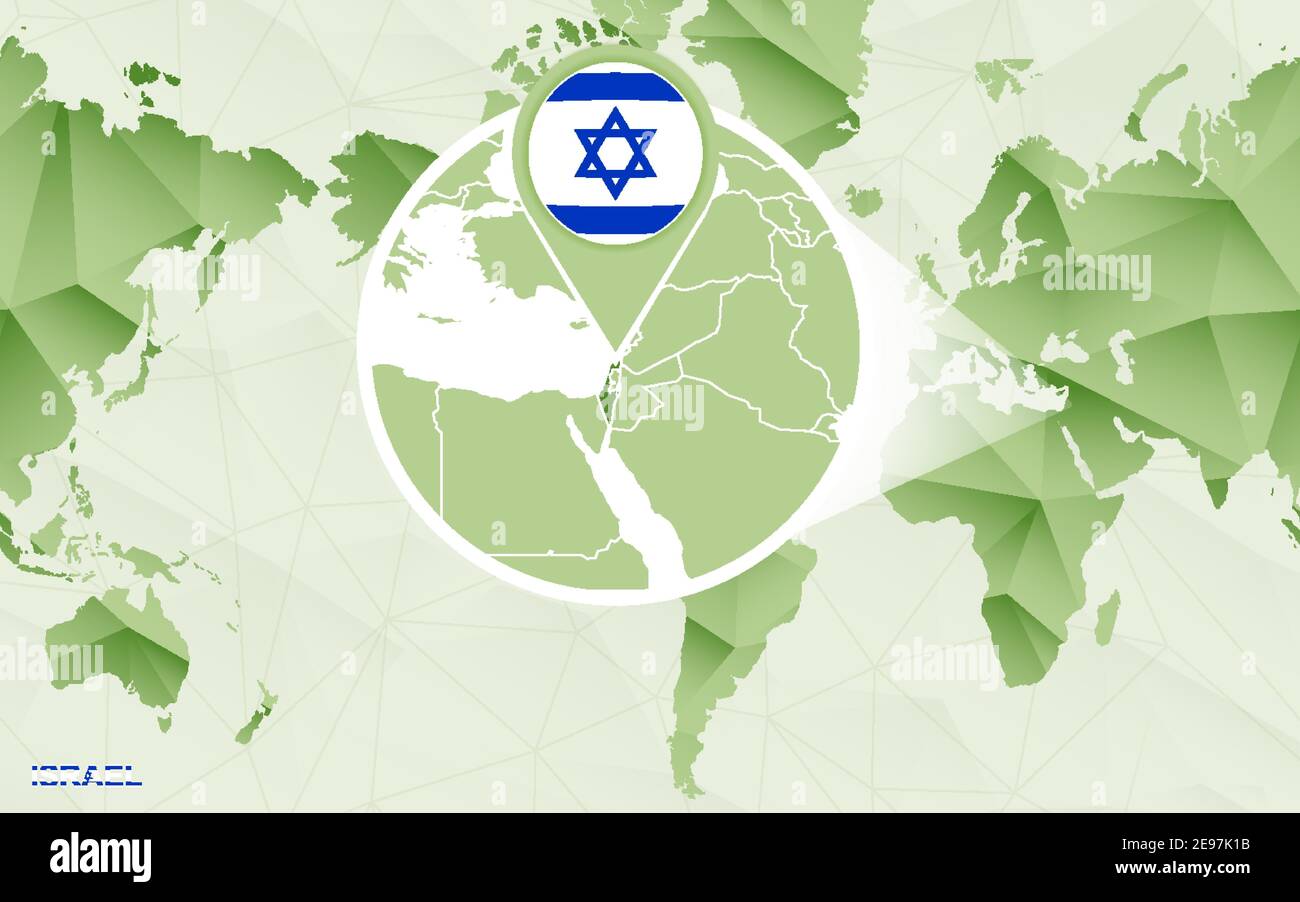 America centric world map with magnified Israel map. Green polygonal ...