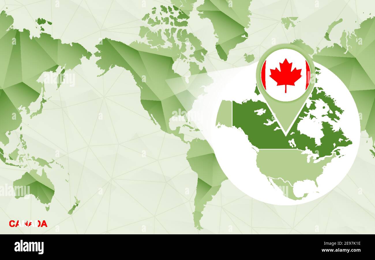 America centric world map with magnified Canada map. Green polygonal ...