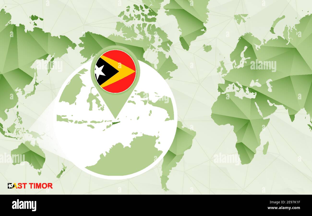 America centric world map with magnified East Timor map. Green ...