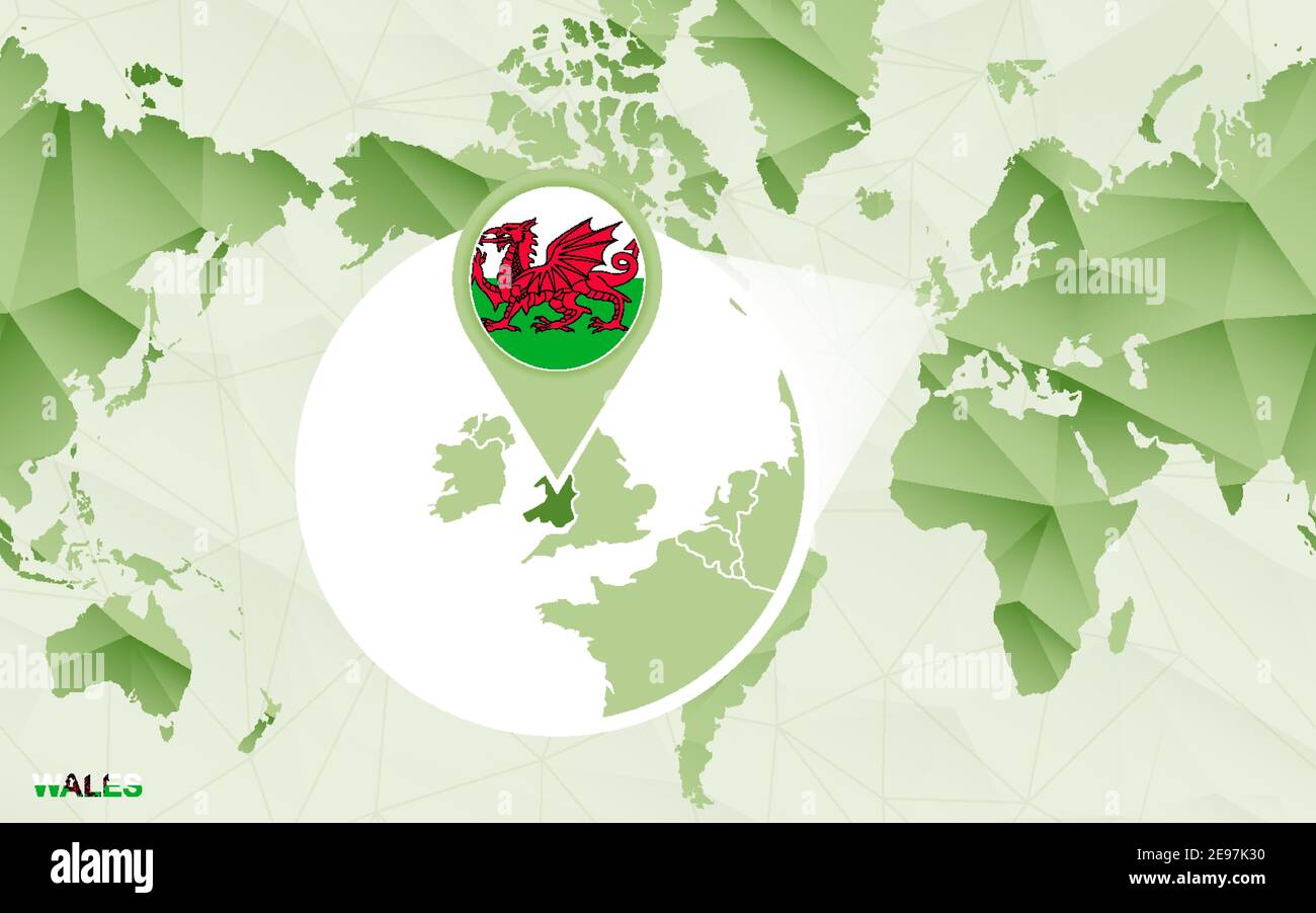 America centric world map with magnified Wales map. Green polygonal ...