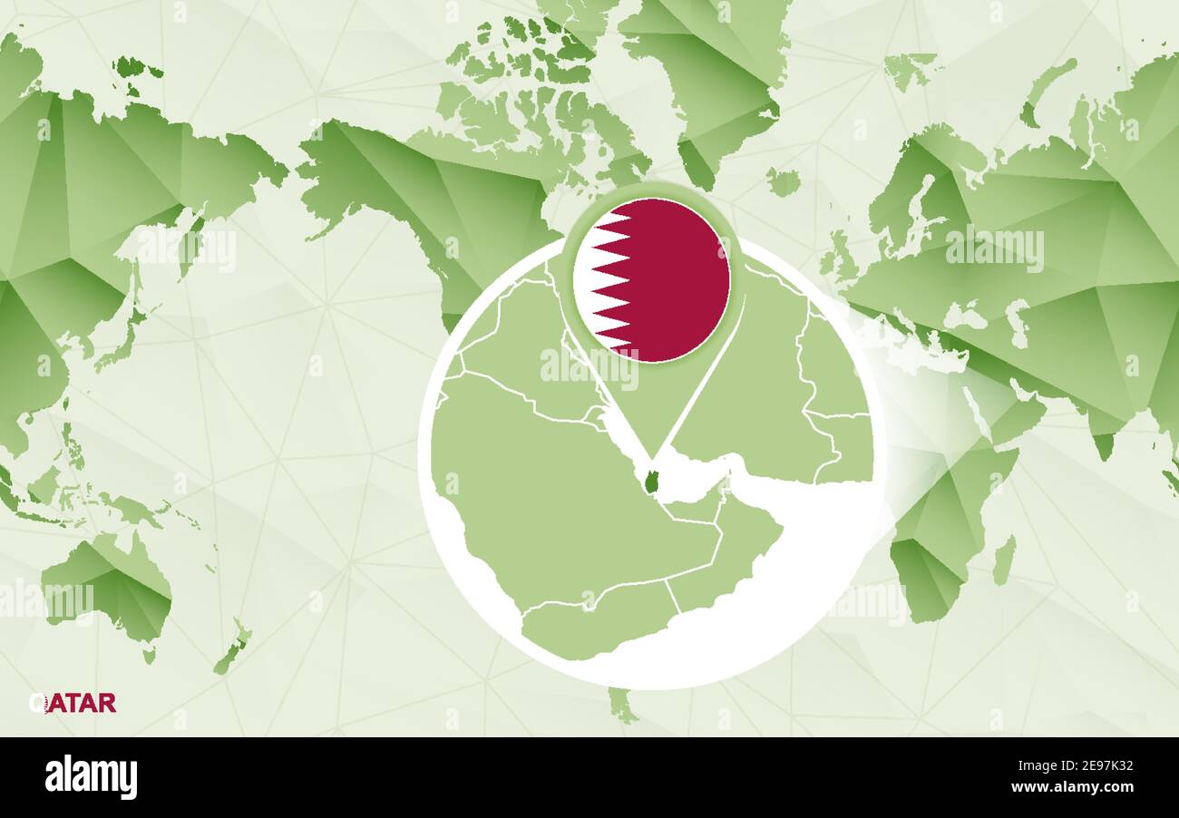 America centric world map with magnified Qatar map. Green polygonal ...