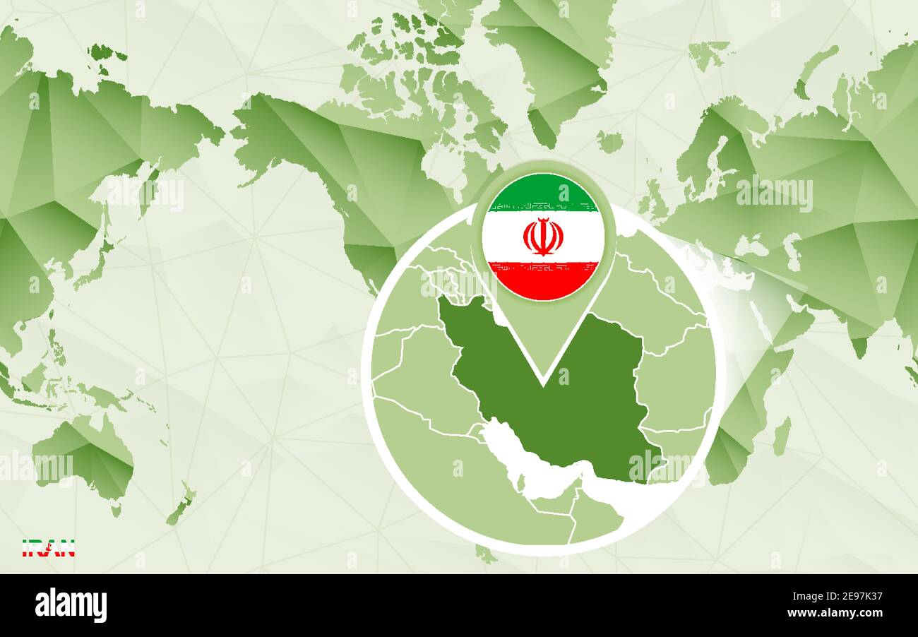 America centric world map with magnified Iran map. Green polygonal ...