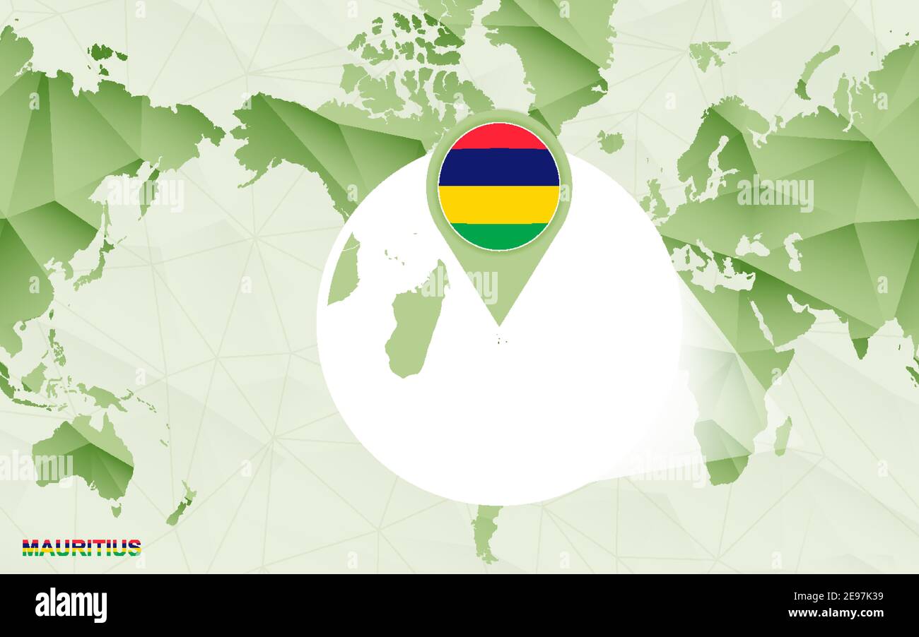 America centric world map with magnified Mauritius map. Green polygonal ...