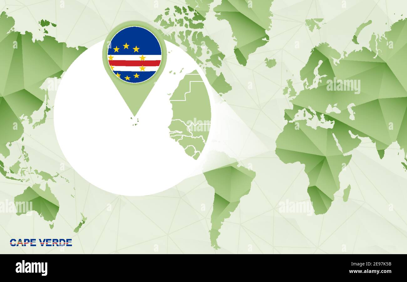 America centric world map with magnified Cape Verde map. Green ...
