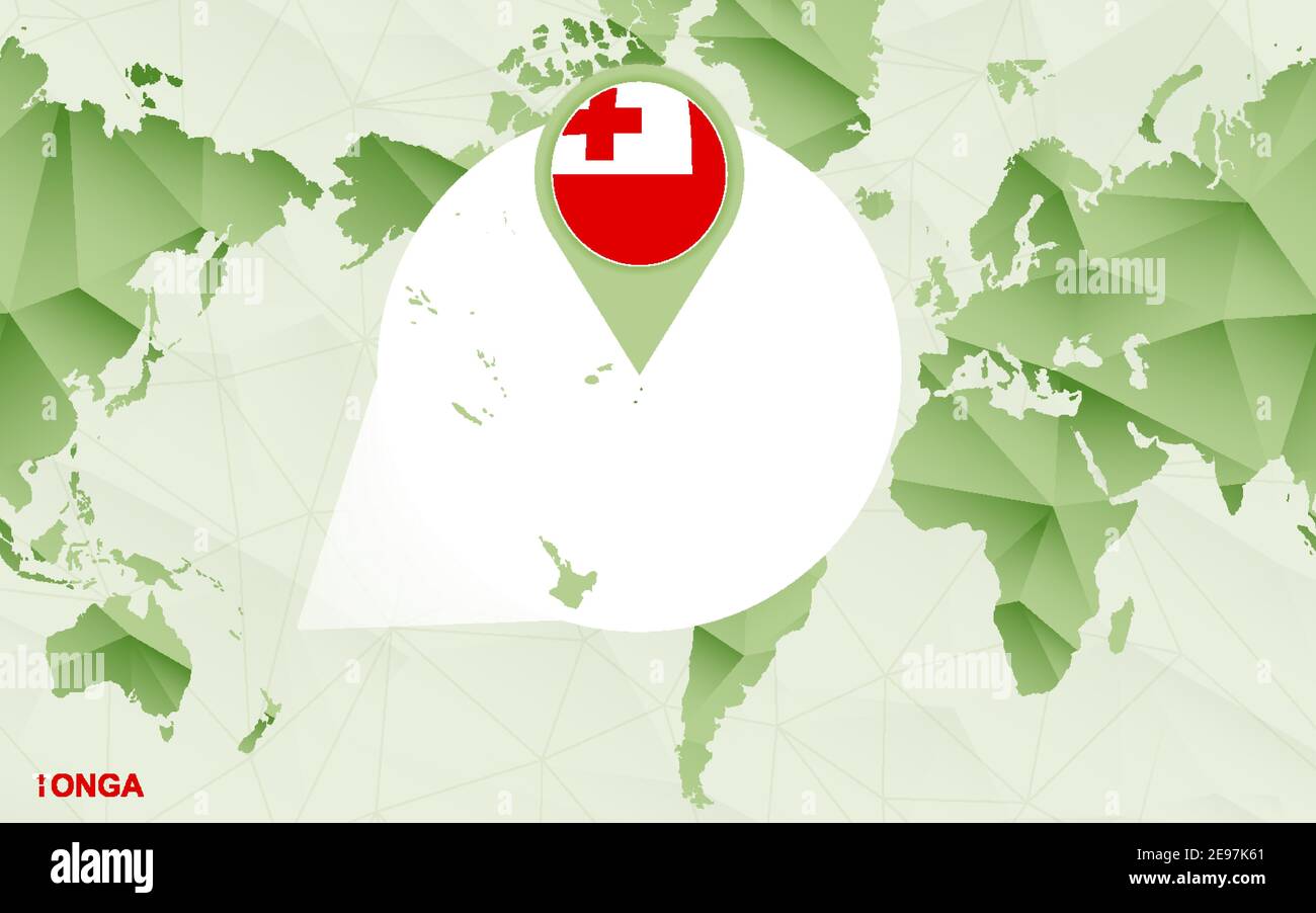 America centric world map with magnified Tonga map. Green polygonal ...
