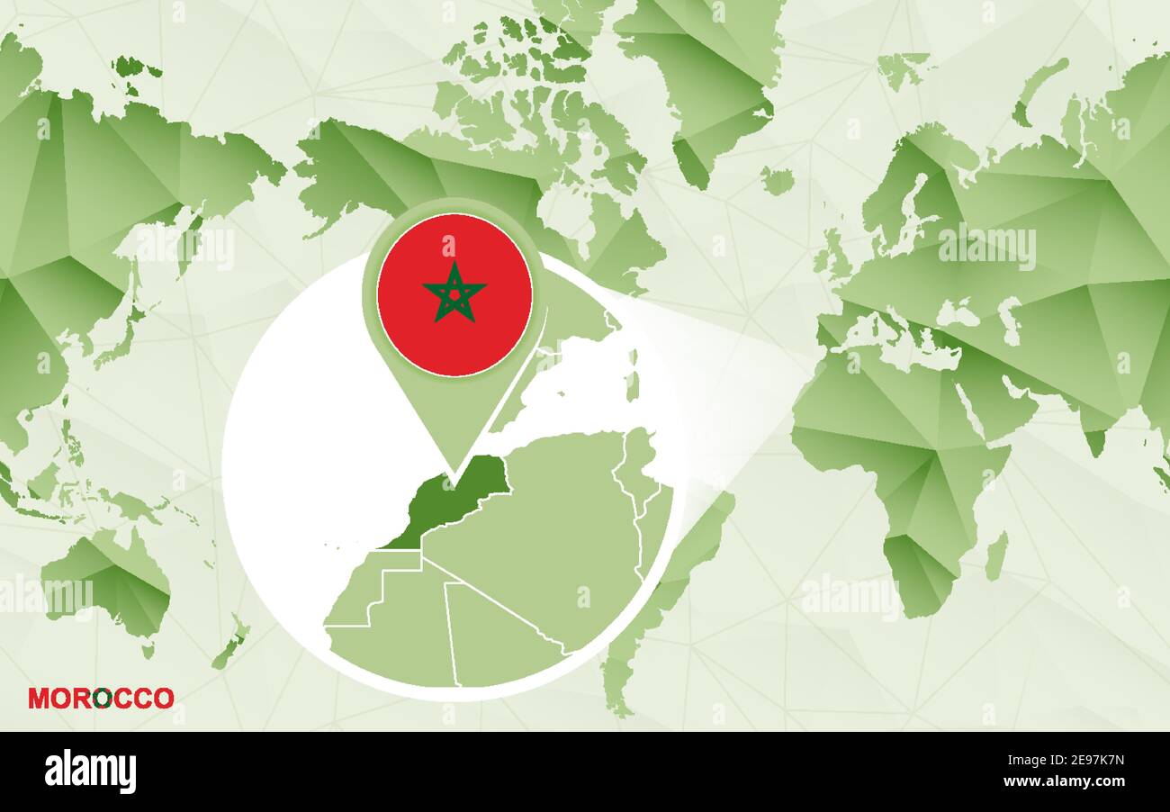 America centric world map with magnified Morocco map. Green polygonal ...