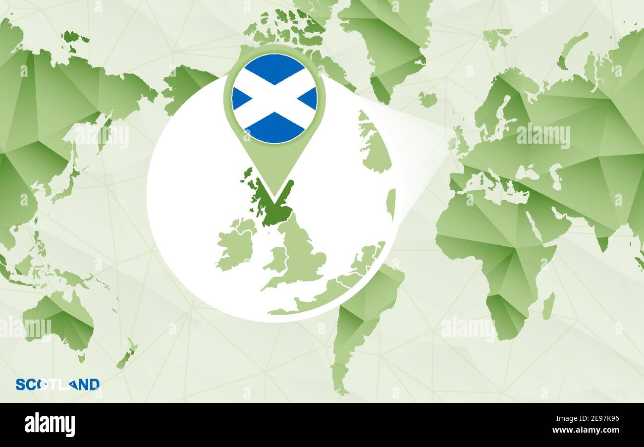 America centric world map with magnified Scotland map. Green polygonal ...