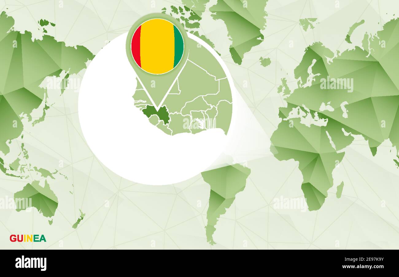 America centric world map with magnified Guinea map. Green polygonal ...