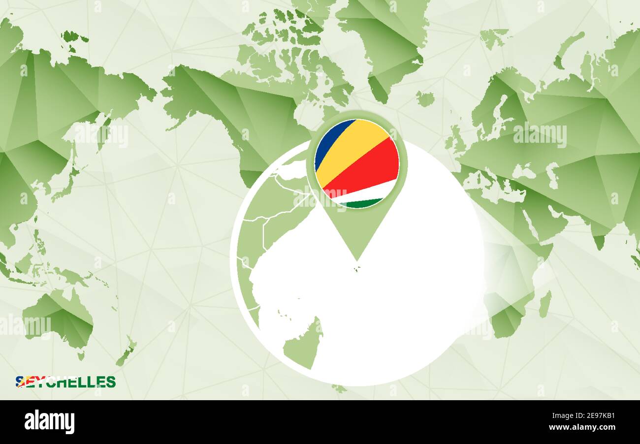 America centric world map with magnified Seychelles map. Green ...