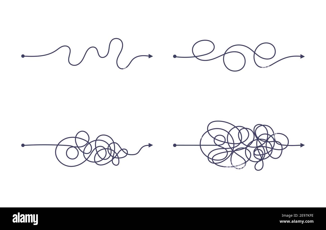 Complex and easy simple way from start to end vector illustration set. Chaos simplifying ...