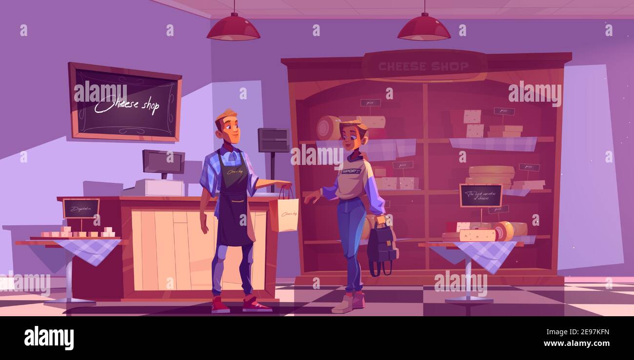 Woman visit cheese shop, seller give bag with products to customer in ...