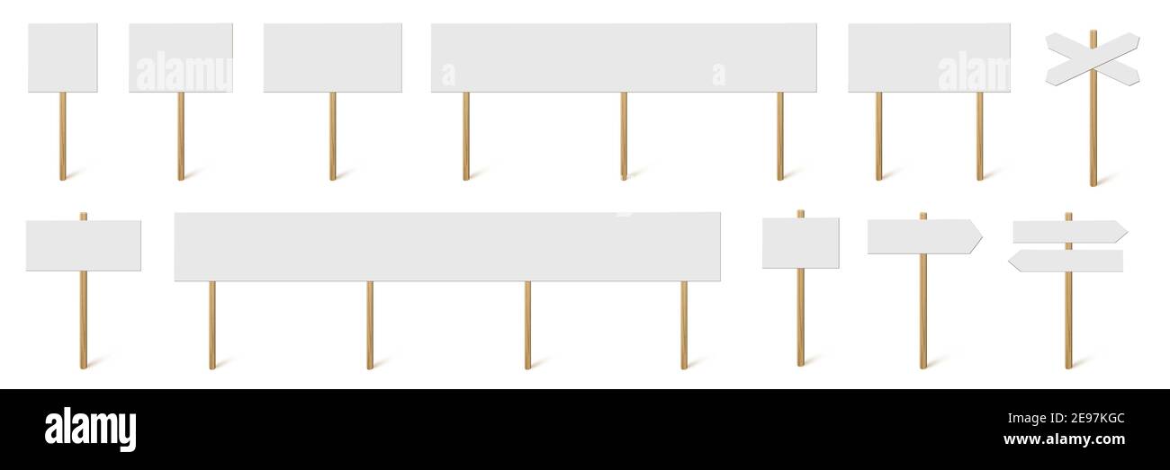Signposts and banners with blank boards set. Wooden sticks with white ...