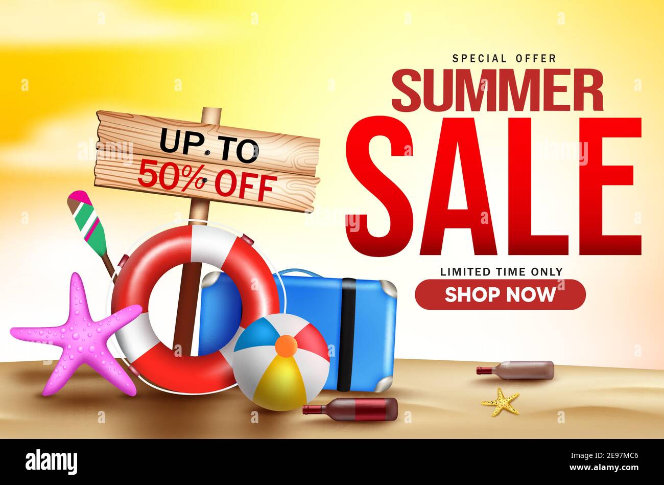 Summer sale vector banner design. Summer sale 50% off text for tropical ...