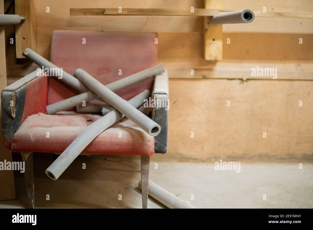 Old chair in dirt place. Renovating not ready, Renovating in process ...