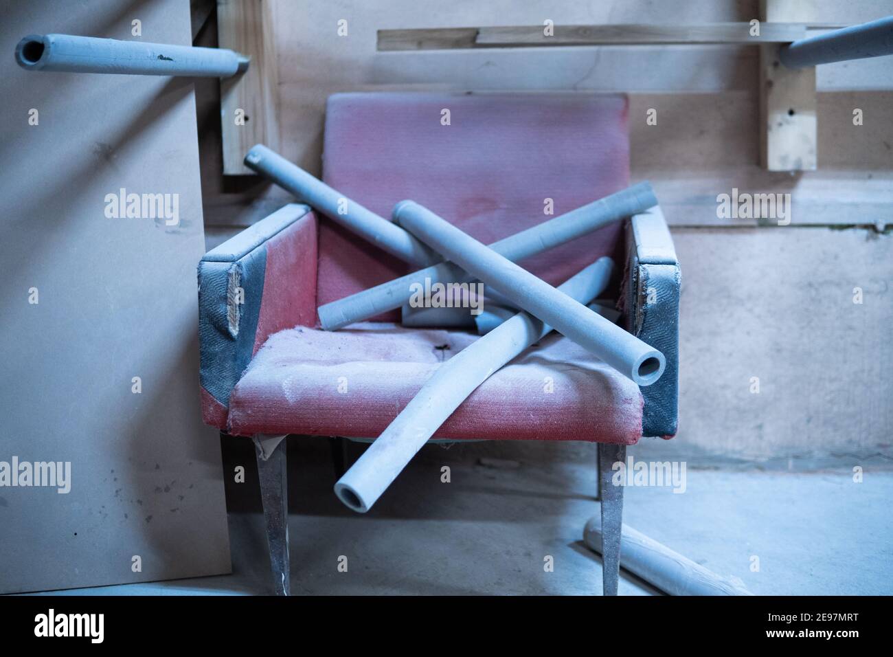 Old chair in dirt place. Renovating not ready, Renovating in process ...